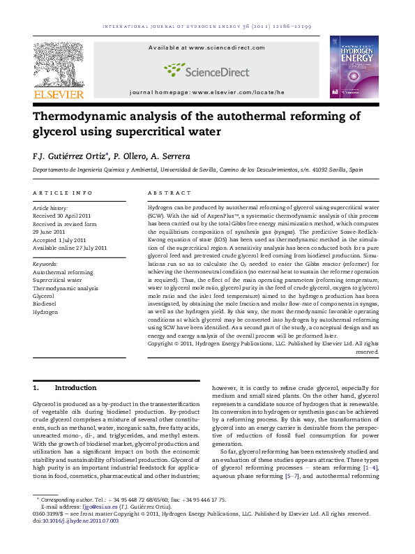 (PDF) Thermodynamic analysis of the autothermal reforming of glycerol ...