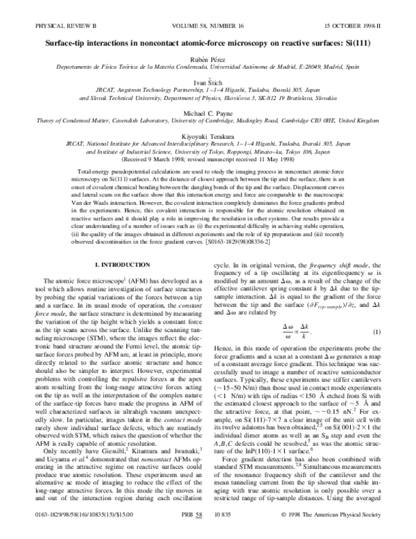 (PDF) Surface-tip interactions in noncontact atomic-force microscopy on ...