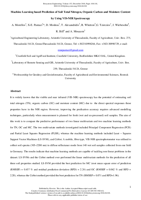 (PDF) Machine learning based prediction of soil total nitrogen, organic carbon and moisture ...