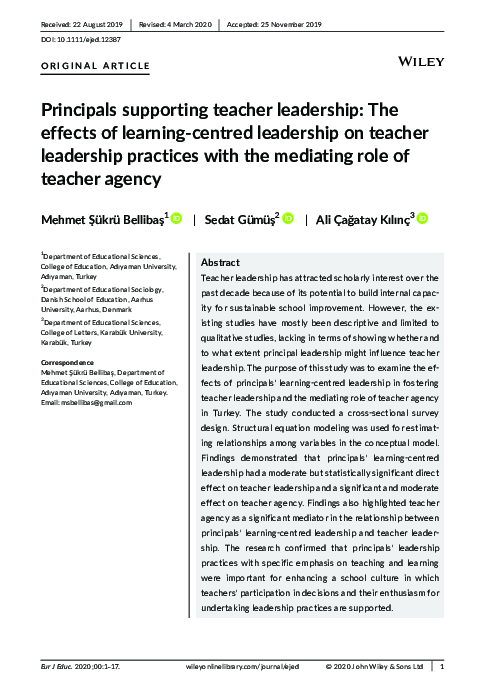 (PDF) Principals supporting teacher leadership: The effects of learning-centred leadership on ...