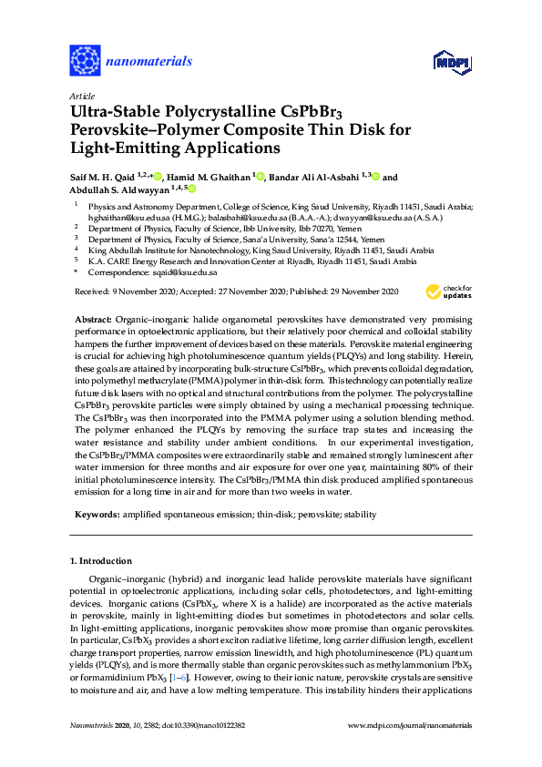 (PDF) Ultra-Stable Polycrystalline CsPbBr3 Perovskite–Polymer Composite Thin Disk for Light ...
