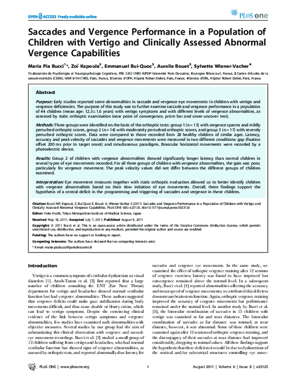 (PDF) Saccades and Vergence Performance in a Population of Children ...