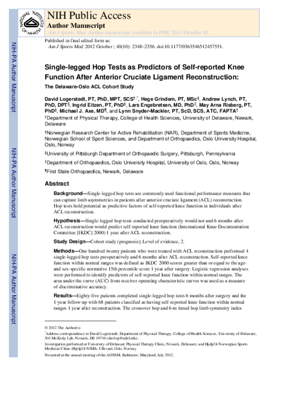 (PDF) Single-Legged Hop Tests as Predictors of Self-Reported Knee ...