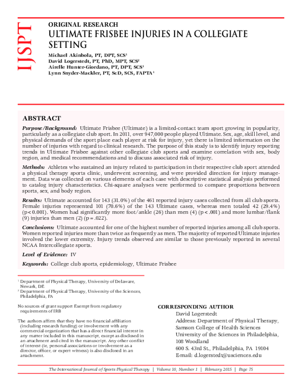 (PDF) Ultimate frisbee injuries in a collegiate setting