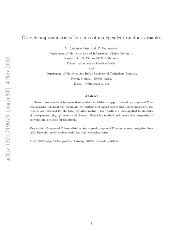 (PDF) Discrete approximations for sums of m-dependent random variables