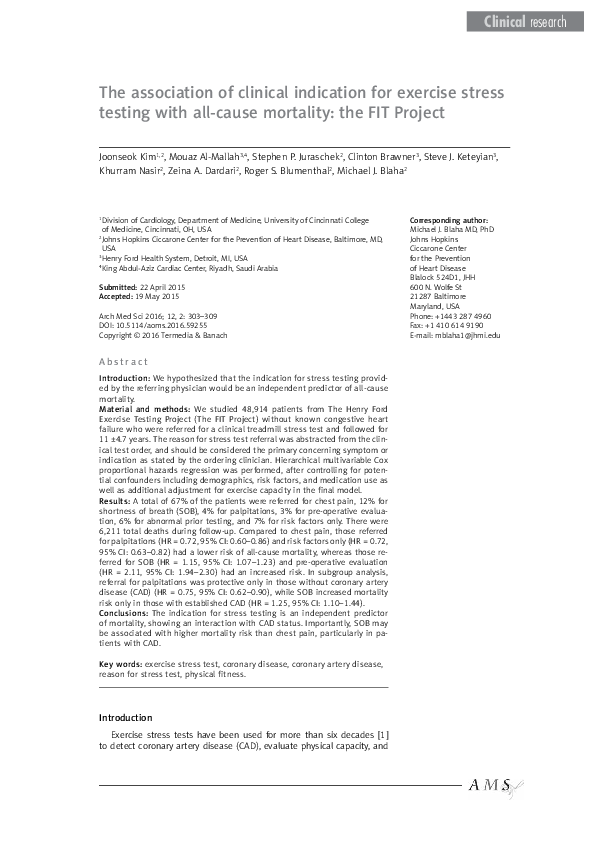 (PDF) The association of clinical indication for exercise stress ...