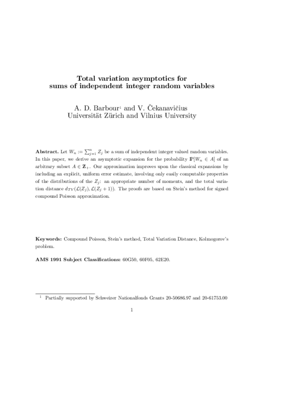(PDF) Total variation asymptotics for sums of independent integer ...