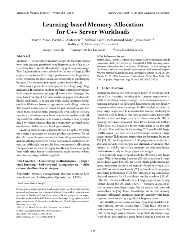 (PDF) Learning-based Memory Allocation for C++ Server Workloads