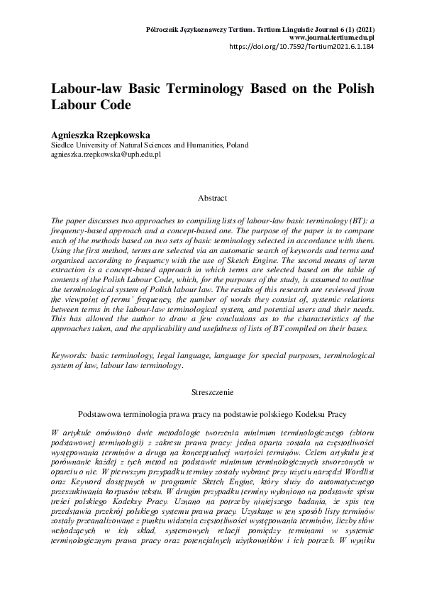 (PDF) Labour-law Basic Terminology Based on the Polish Labour Code