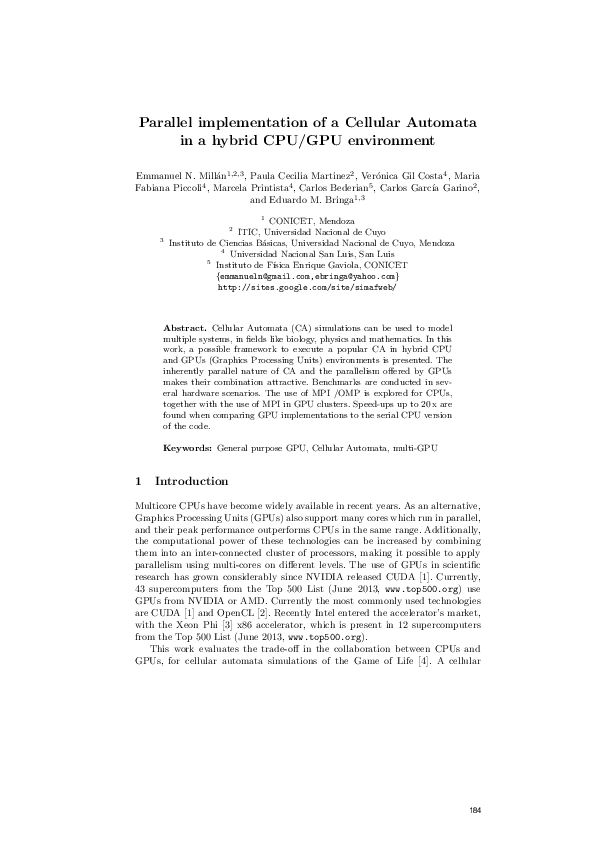 Pdf Parallel Implementation Of A Cellular Automata In A Hybrid Cpugpu Environment Fabiana