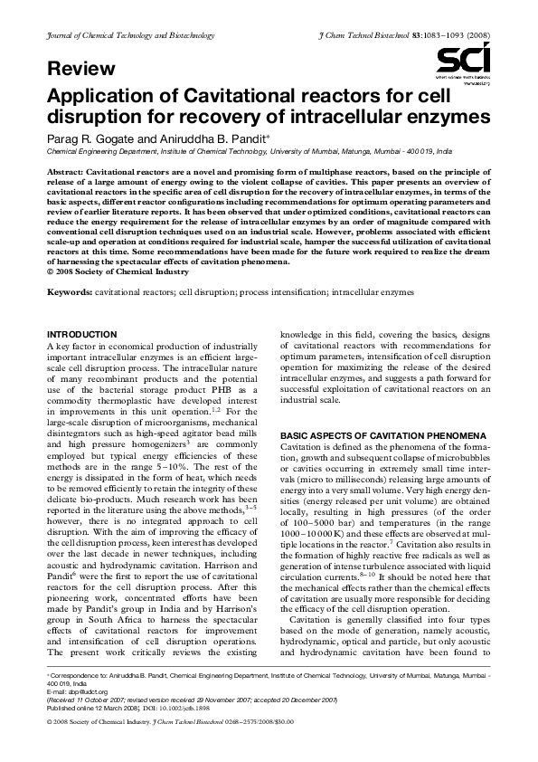 (PDF) Application of Cavitational reactors for cell disruption for ...