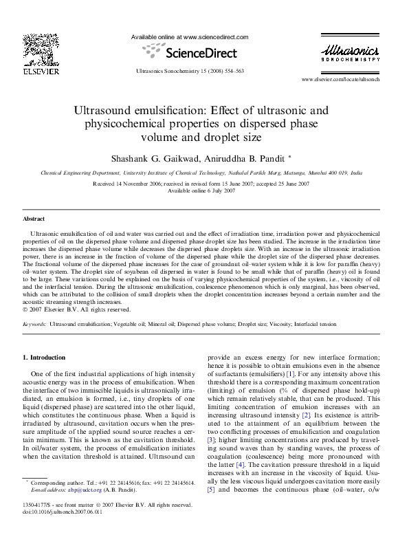 (PDF) Ultrasound emulsification: Effect of ultrasonic and physicochemical properties on ...
