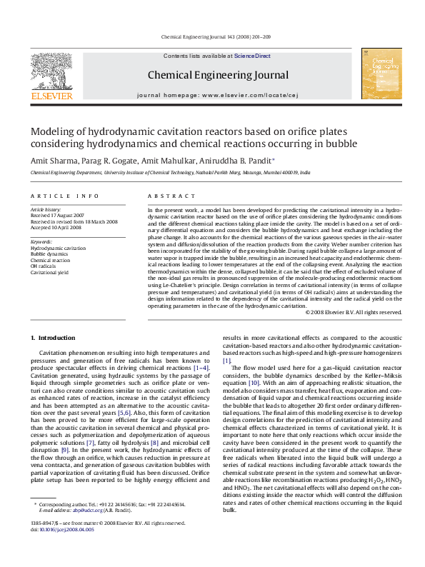 (PDF) Modeling of hydrodynamic cavitation reactors based on orifice ...