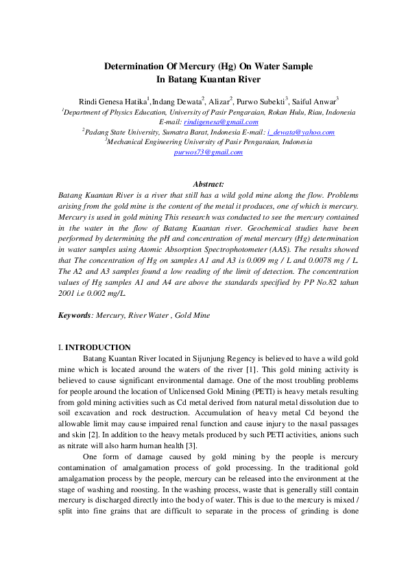 (PDF) Determination Of Mercury (Hg) On Water Sample In Batang Kuantan River