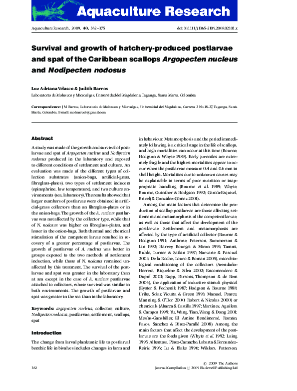 (PDF) Survival and growth of hatchery-produced postlarvae and spat of ...