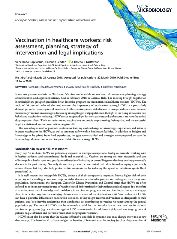 (PDF) Vaccination in healthcare workers: risk assessment, planning ...