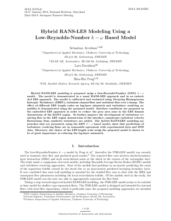 (PDF) Hybrid RANS-LES Modeling Using a Low-Reynolds-Number k-ω Based Model