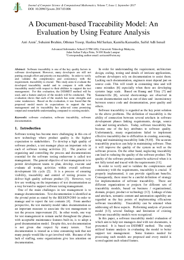 (PDF) A Document-based Traceability Model: An Evaluation by Using Feature Analysis