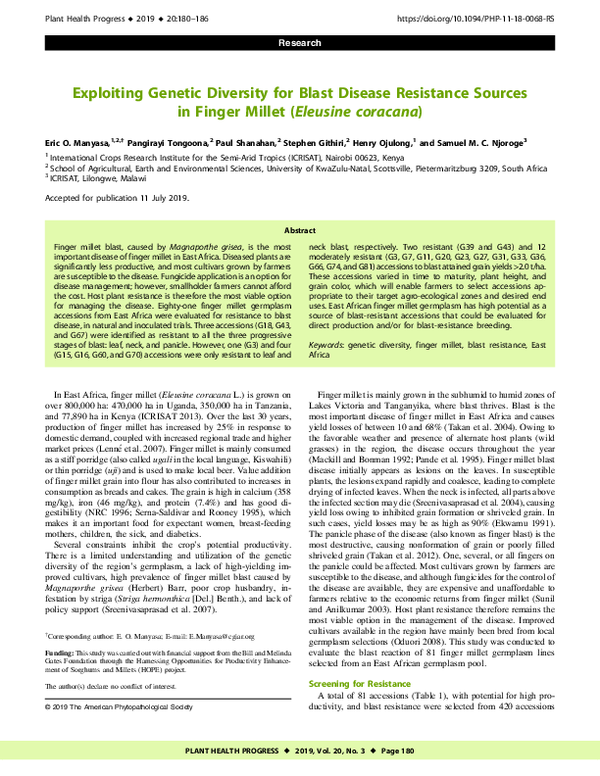 (PDF) Exploiting Genetic Diversity for Blast Disease Resistance Sources in Finger Millet ...