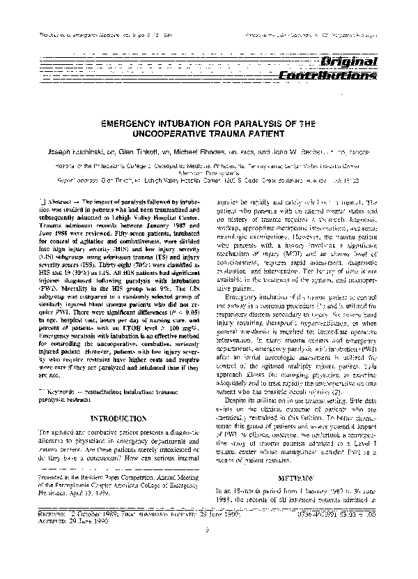 (PDF) Emergency intubation for paralysis of the uncooperative trauma ...