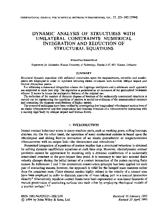 (PDF) Dynamic analysis of structures with unilateral constraints: Numerical integration and ...