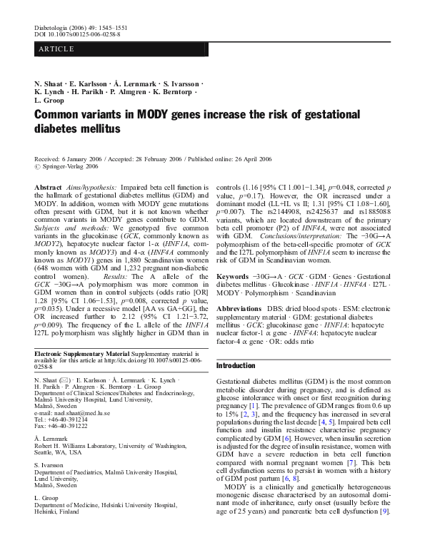 (PDF) Common variants in MODY genes increase the risk of gestational ...
