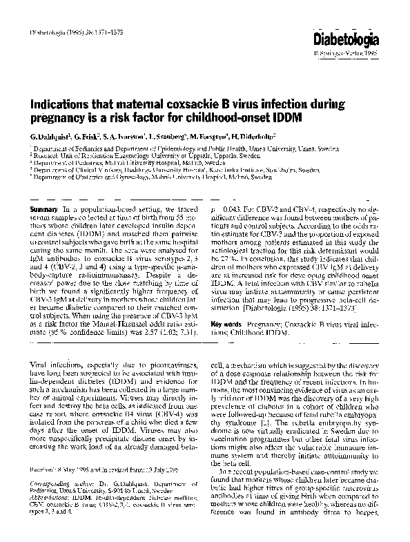 (PDF) Indications that maternal coxsackie B virus infection during ...
