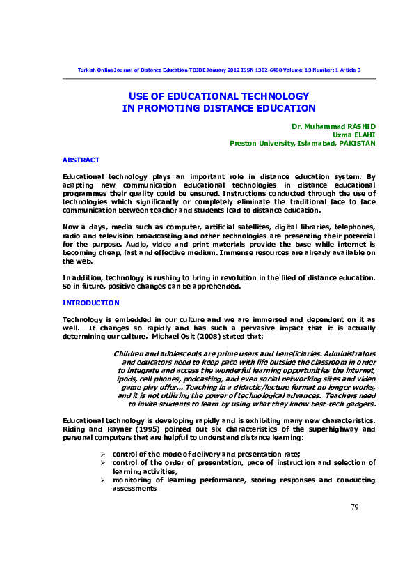 (PDF) Use of Educational Technology in Promoting Distance Education