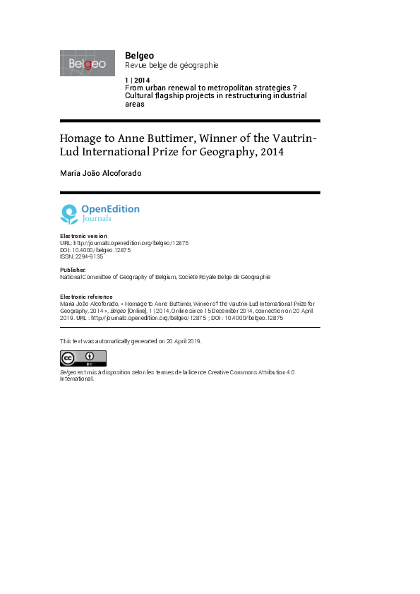 (PDF) Homage to Anne Buttimer, Winner of the Vautrin-Lud International ...