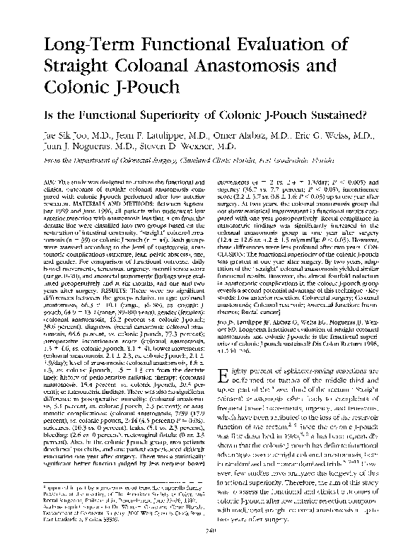 (PDF) Long-Term Functional Evaluation of Straight Coloanal Anastomosis ...