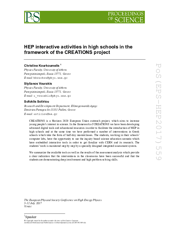 (PDF) HEP interactive activities in high schools in the framework of ...
