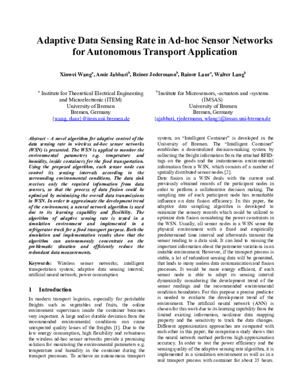 (PDF) Adaptive data sensing rate in ad-hoc sensor networks for autonomous transport application