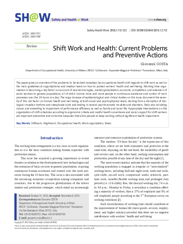 (PDF) Shift work and health: current problems and preventive actions