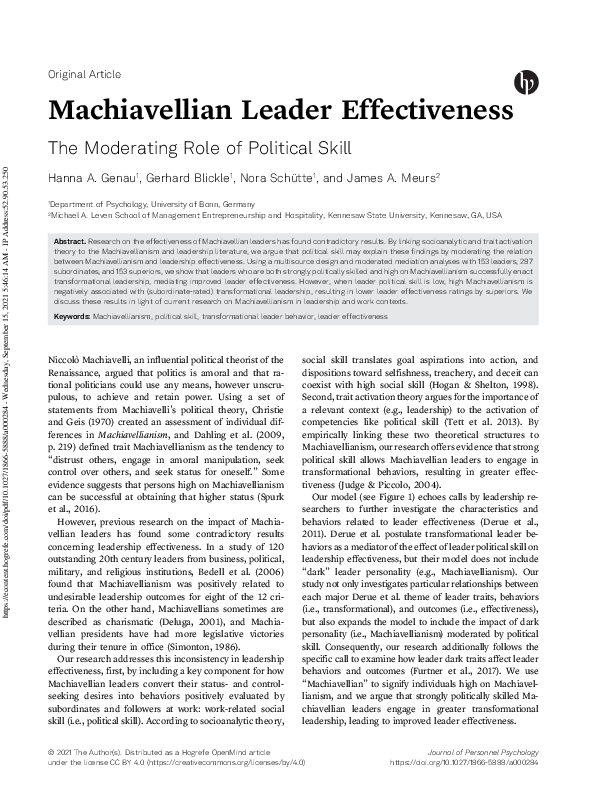 (PDF) Machiavellian Leader Effectiveness