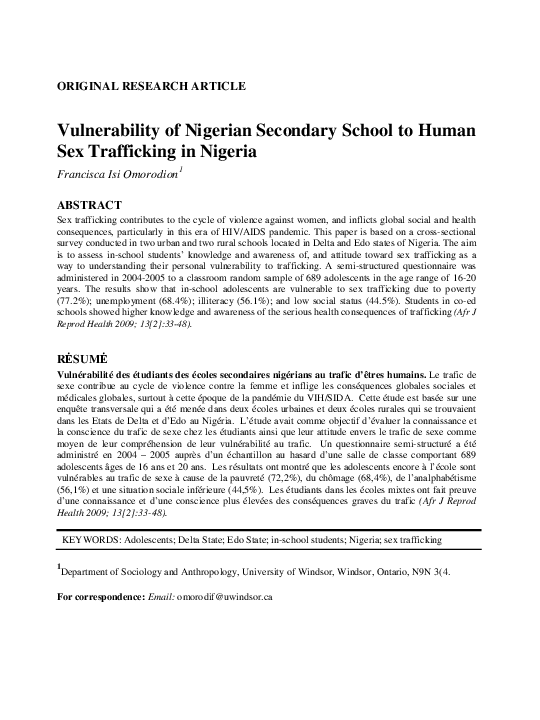 Pdf Vulnerability Of Nigerian Secondary School To Human Sex