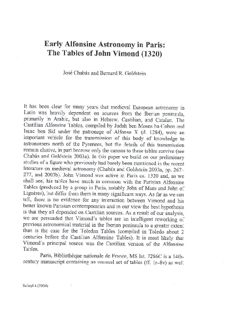(PDF) Early Alfonsine Astronomy in Paris: The Tables of John Vimond (1320)