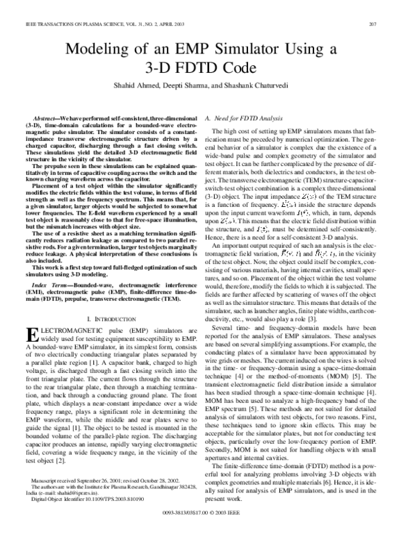 (PDF) Modeling of An EMP Simulator Using a 3-D FDTD Code