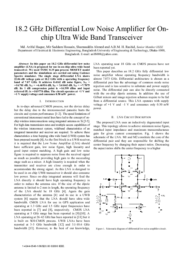 (PDF) 18.2 GHz Differential Low Noise Amplifier for on chip UWB Transceiver