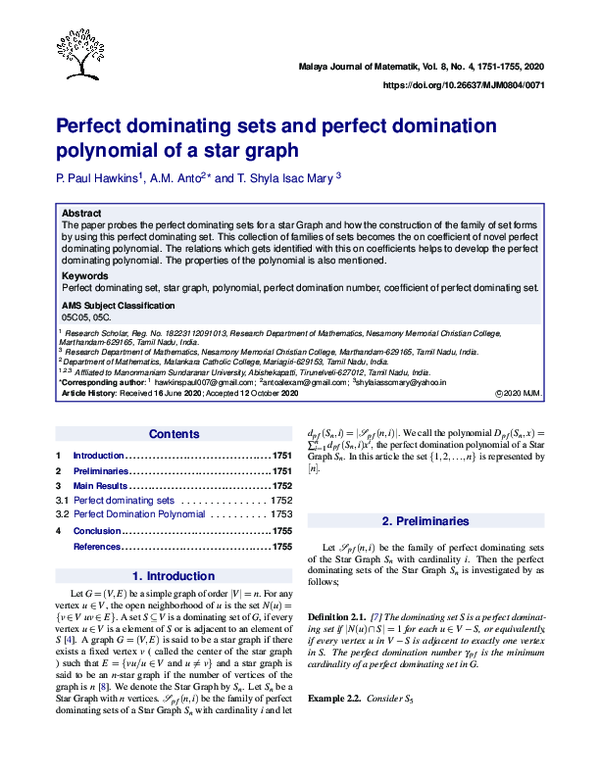(PDF) Perfect dominating sets and perfect domination polynomial of a ...