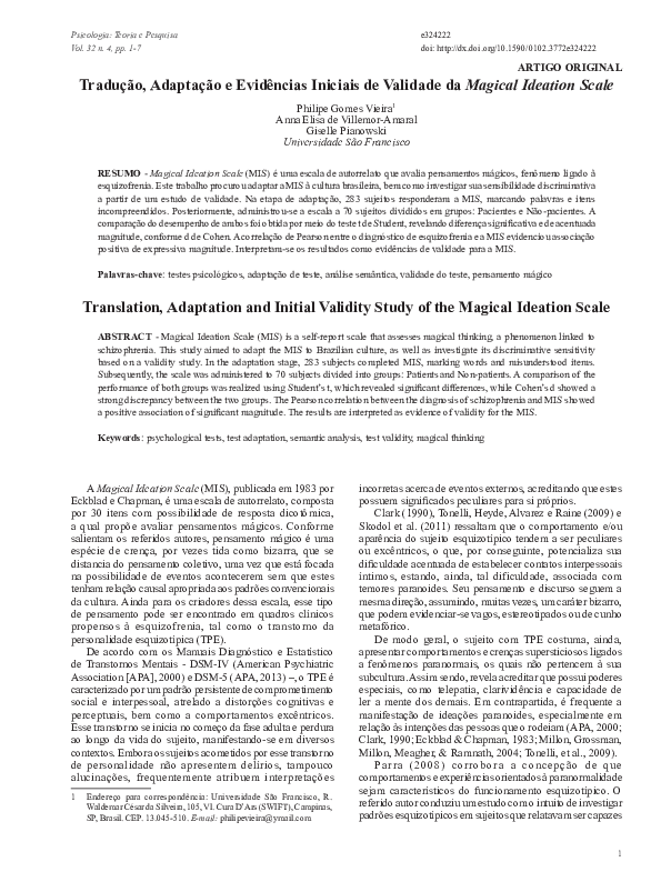 (PDF) Tradução, Adaptação e Evidências Iniciais de Validade da Magical ...