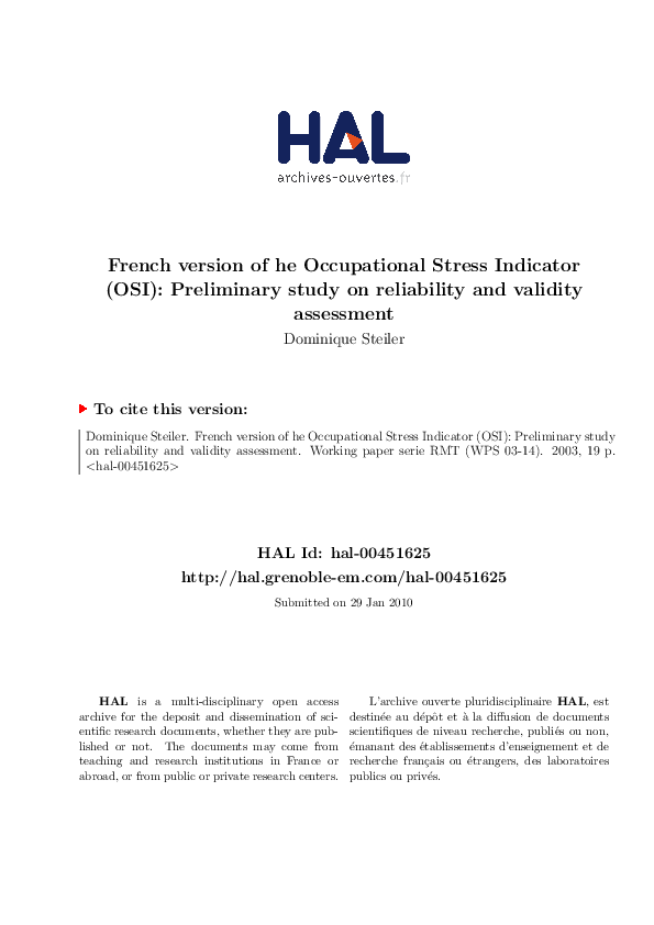(PDF) French version of he Occupational Stress Indicator (OSI): Preliminary study on reliability ...