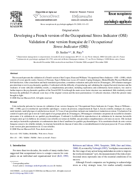 (PDF) Developing a French version of the Occupational Stress Indicator (OSI)