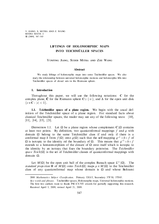 (PDF) Liftings of holomorphic maps into Teichmüller spaces