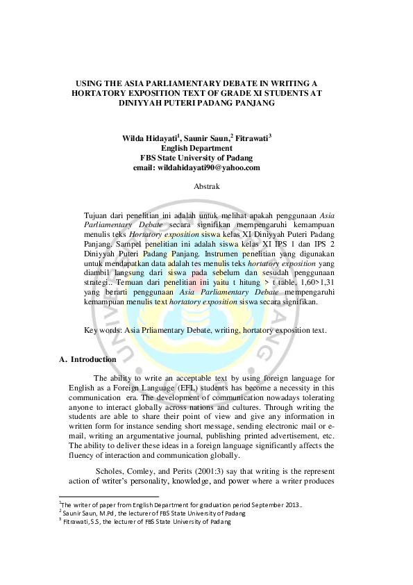 (PDF) Using the Asia Parliamentary Debate in Writing a Hortatory Exposition Text of Grade XI ...