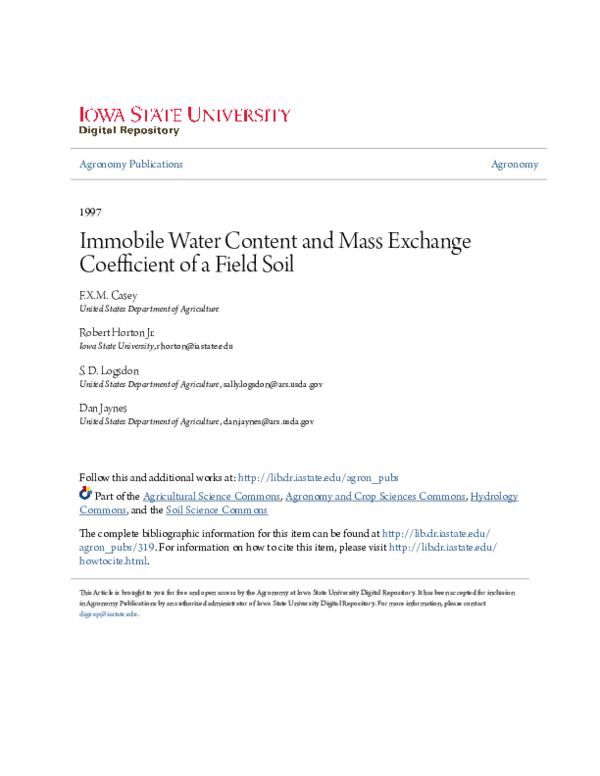 (PDF) Immobile Water Content and Mass Exchange Coefficient of a Field Soil