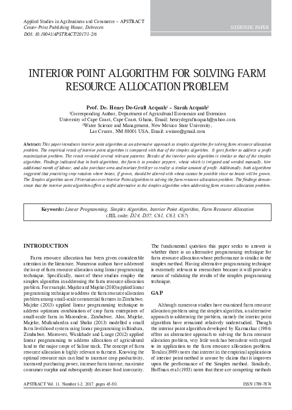 (PDF) Interior point algorithm for solving farm resource allocation problem