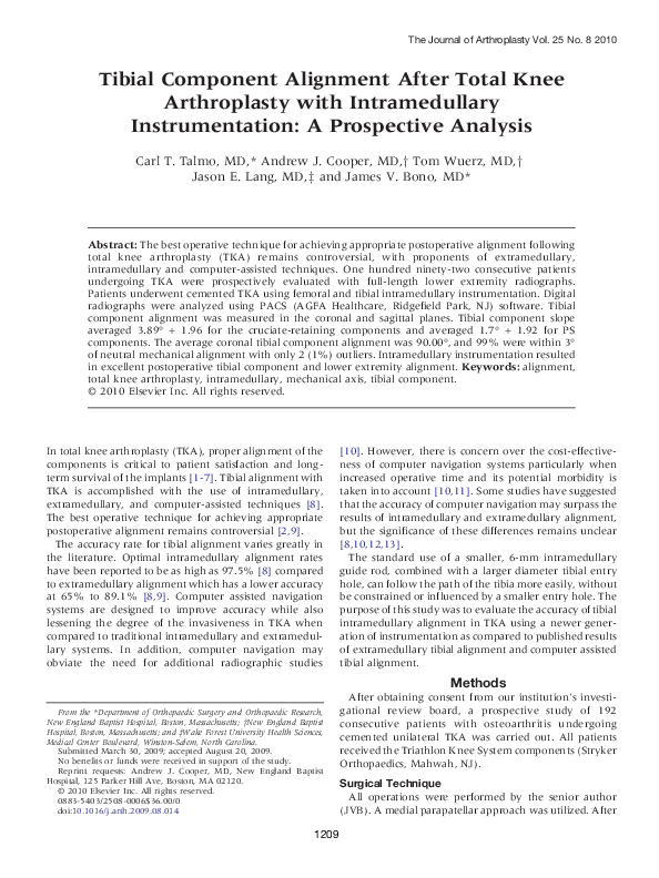 Tibial Component Alignment After Total Knee Arthroplasty with Intramedullary Instrumentation: A ...