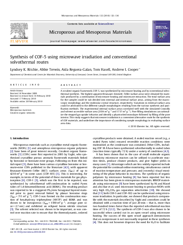 (PDF) Synthesis of COF-5 using microwave irradiation and conventional ...