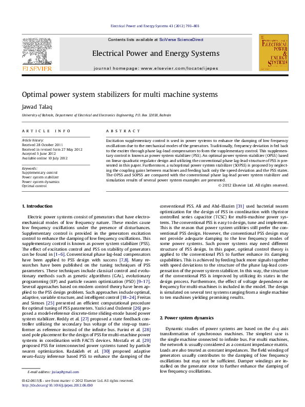 (PDF) Optimal power system stabilizers for multi machine systems