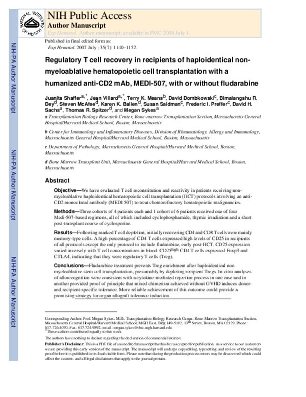 (PDF) Regulatory T-cell recovery in recipients of haploidentical nonmyeloablative hematopoietic ...